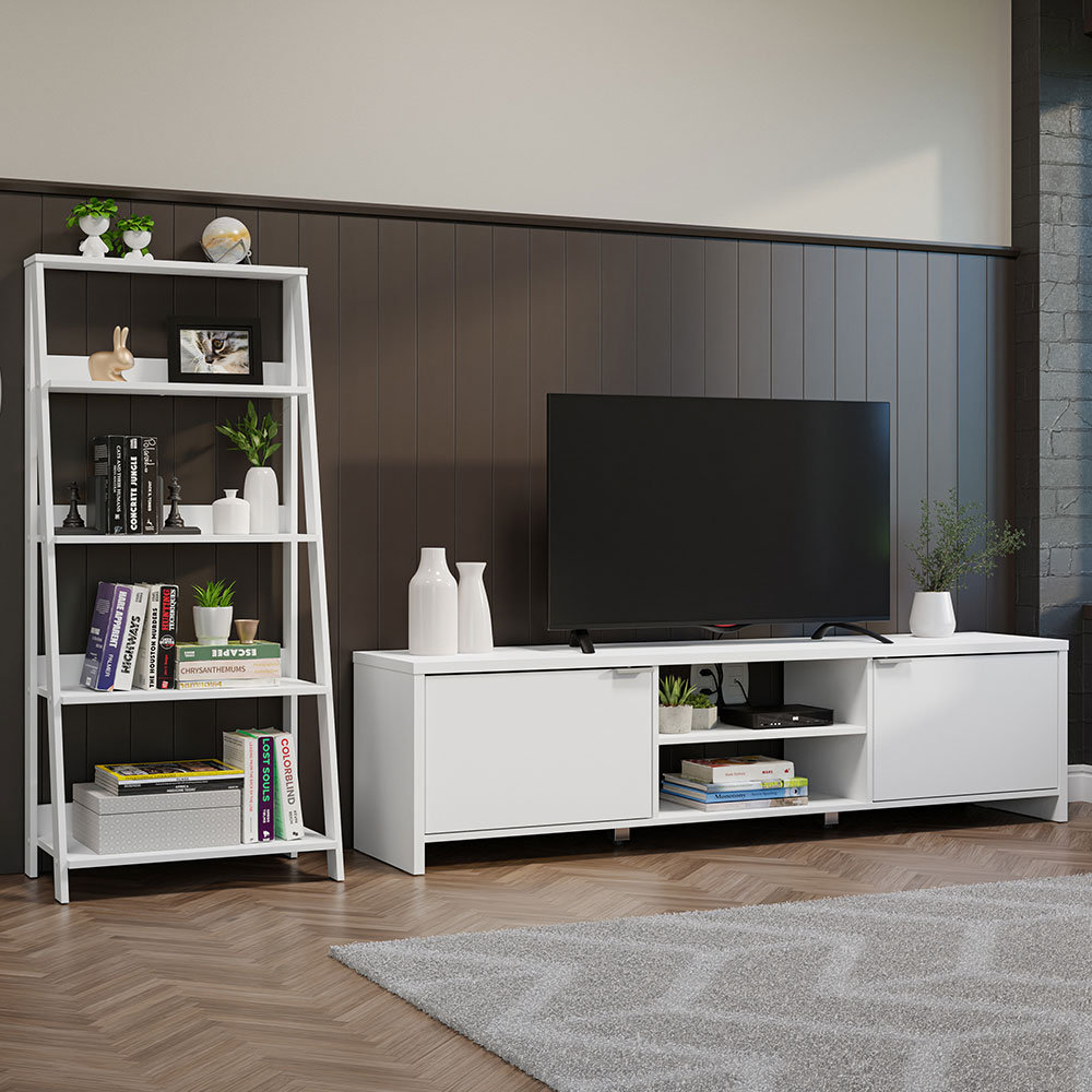 Latitude Run® TV Stand with Storage 80" + Ladder Shelf Standing Bookcase - Grey - Wayfair Canada